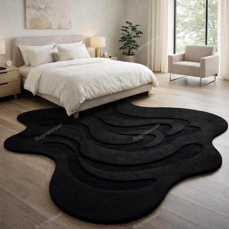 Hand-tufted Black Wool Rug – Modern Sculpted High-low Pile - Etsy