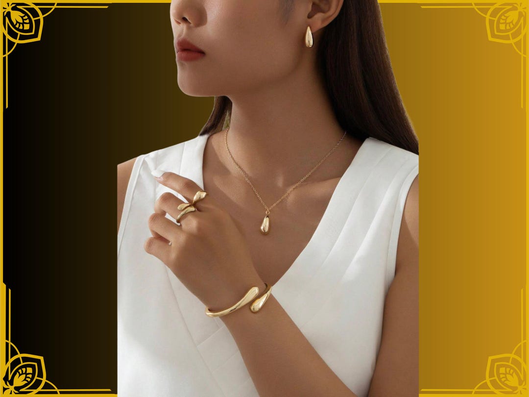 Gold Water Drop Jewelry Set Minimalist Alloy Necklace Earrings Bracelet ...