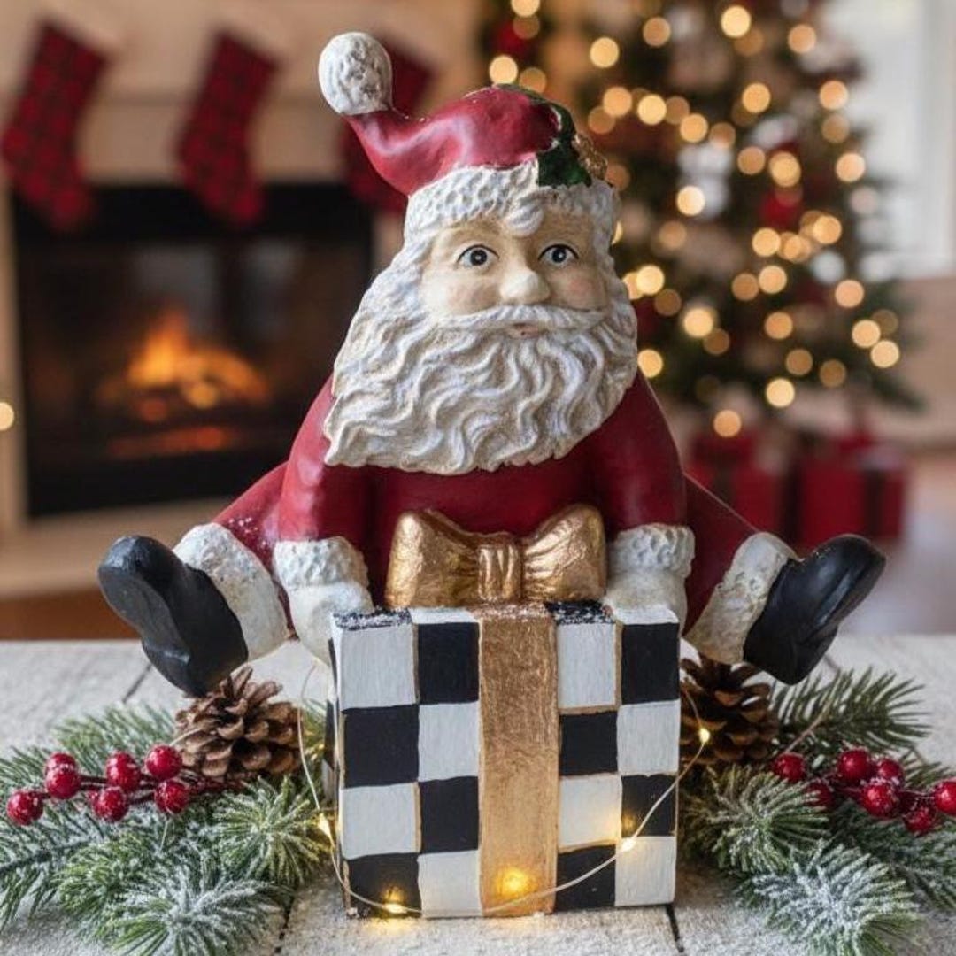 Hand Painted Santa on Checkered Gift Box, Whimsical Christmas Decor ...