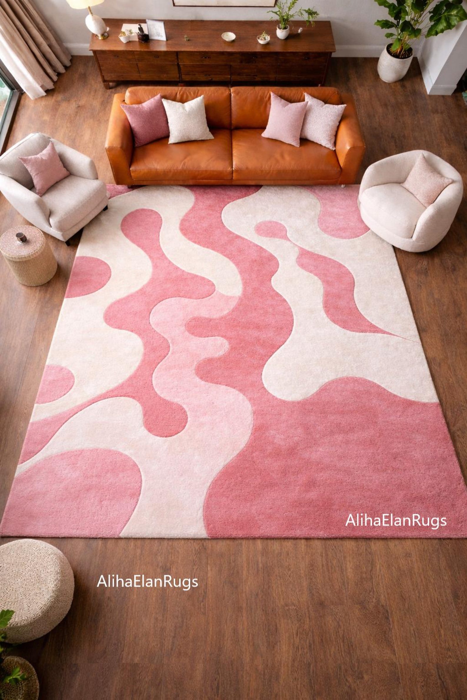 Luxury Blush Pink & Cream Abstract Wave Tufted Rug | Handmade Modern ...