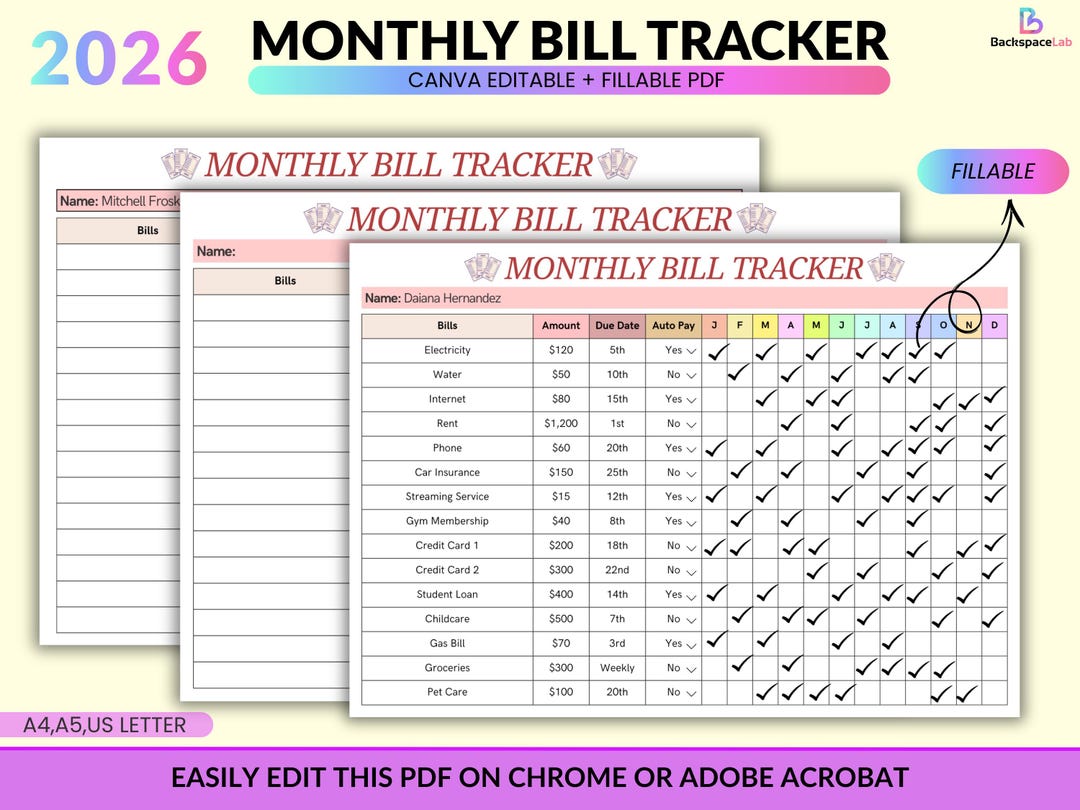 Editable Monthly Bill Tracker | Track Bills & Due Dates | A4, A5, US ...