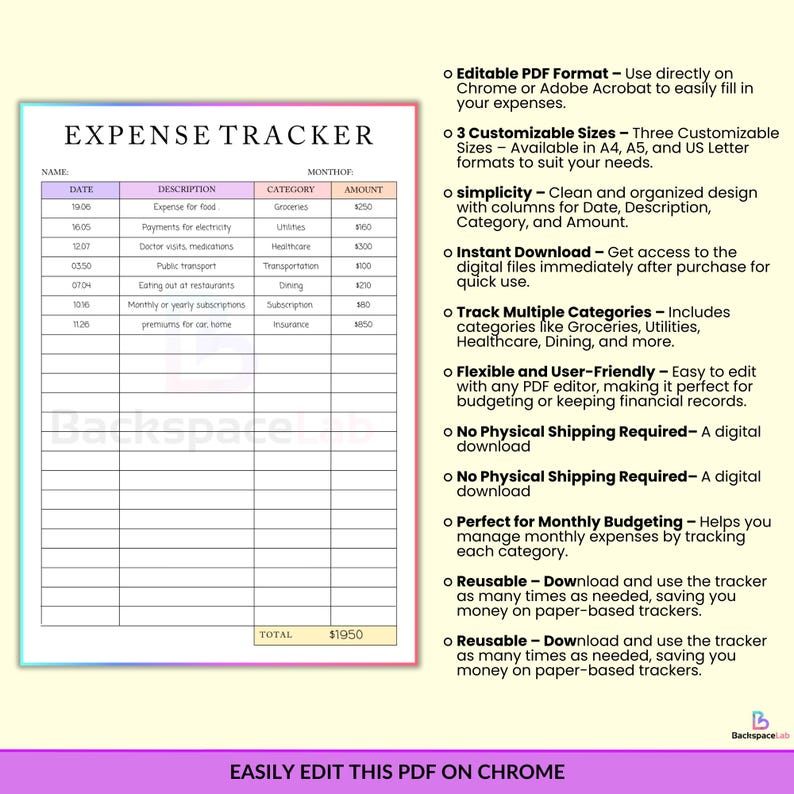 Editable Expense Log Printable, Fillable PDF, Personal Finance Tracker ...