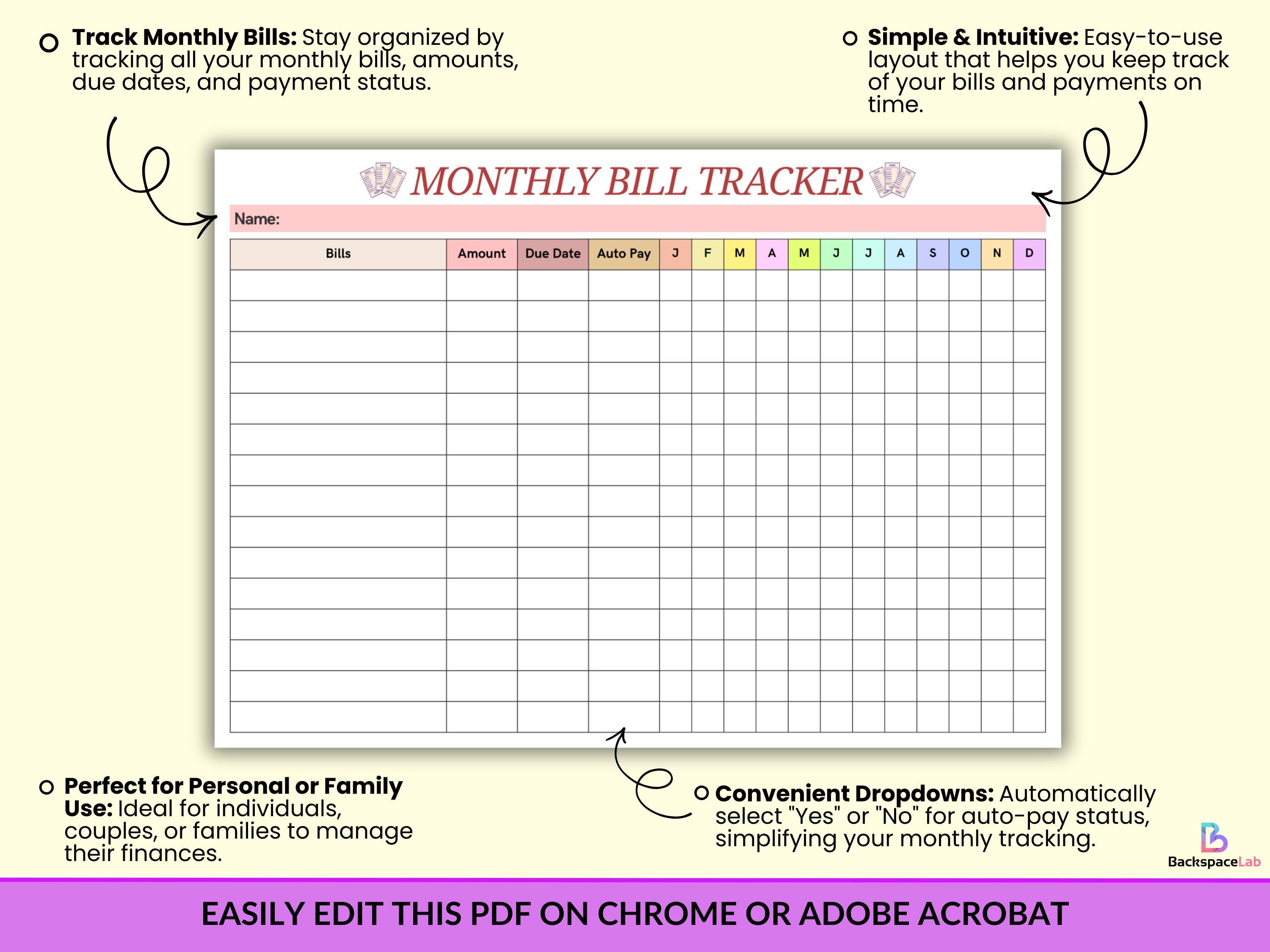 Editable & Fillable Monthly Bill Tracker | A4, A5, US Letter | Track ...