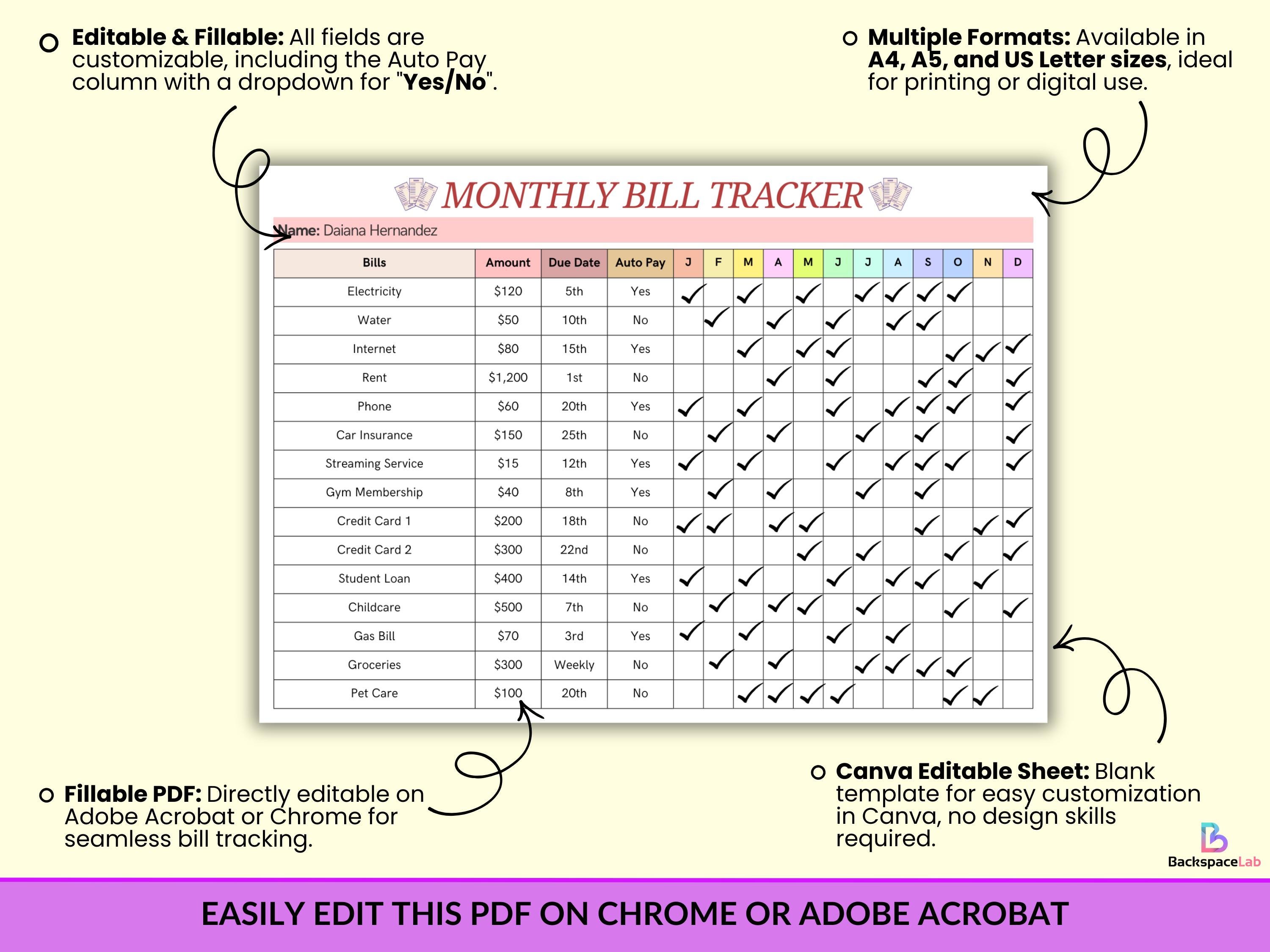Editable & Fillable Monthly Bill Tracker | A4, A5, US Letter | Track ...