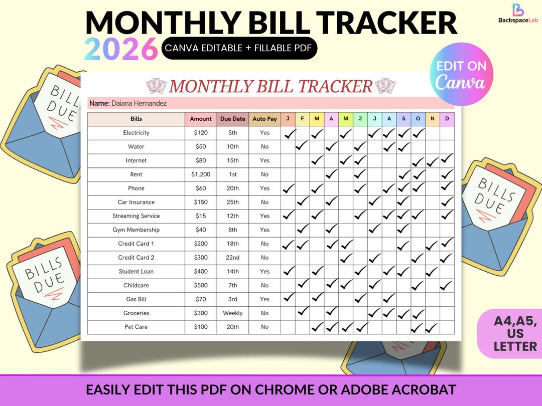 Editable & Fillable Monthly Bill Tracker | A4, A5, US Letter | Track ...