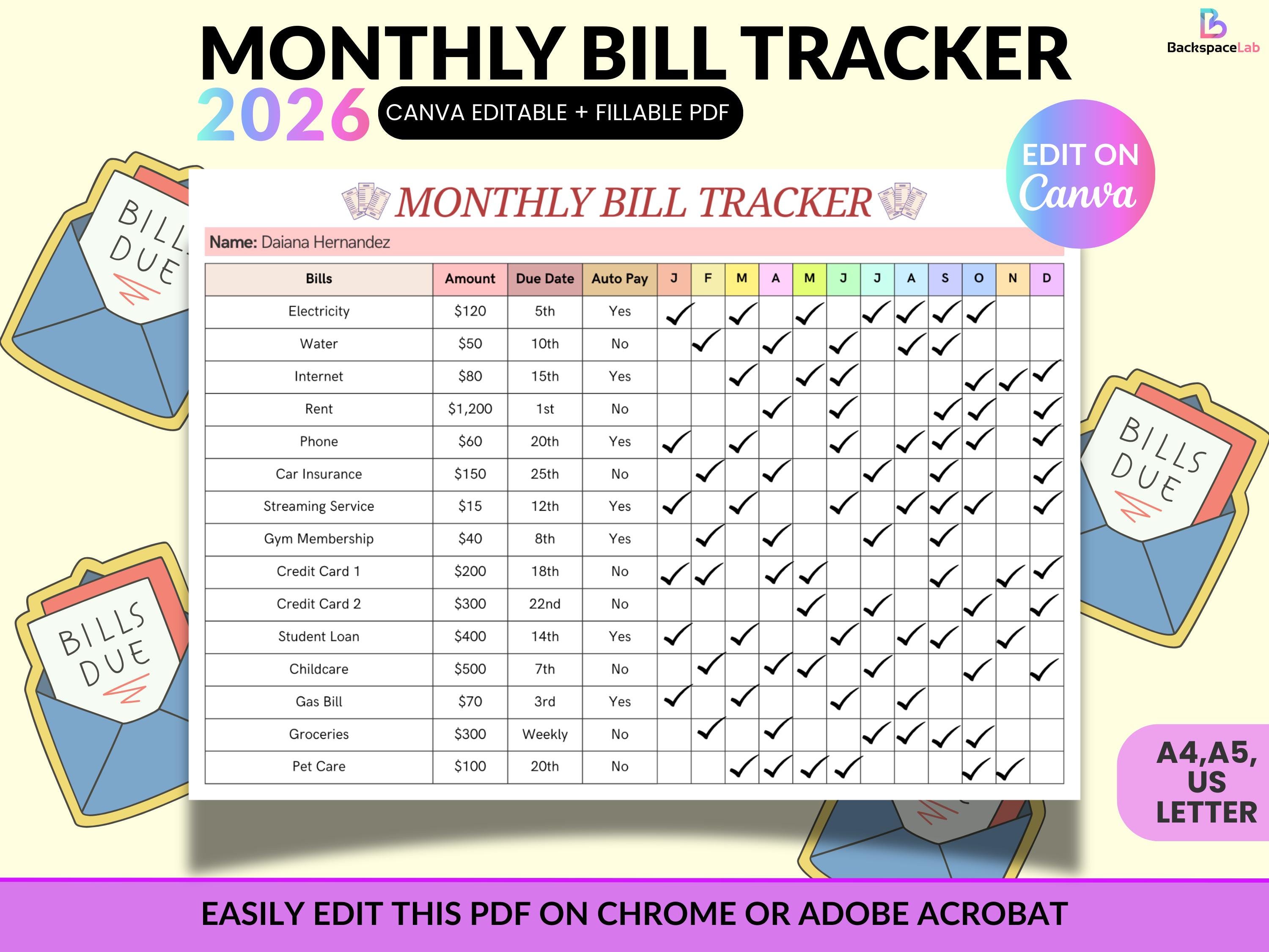 Editable & Fillable Monthly Bill Tracker | A4, A5, US Letter | Track ...