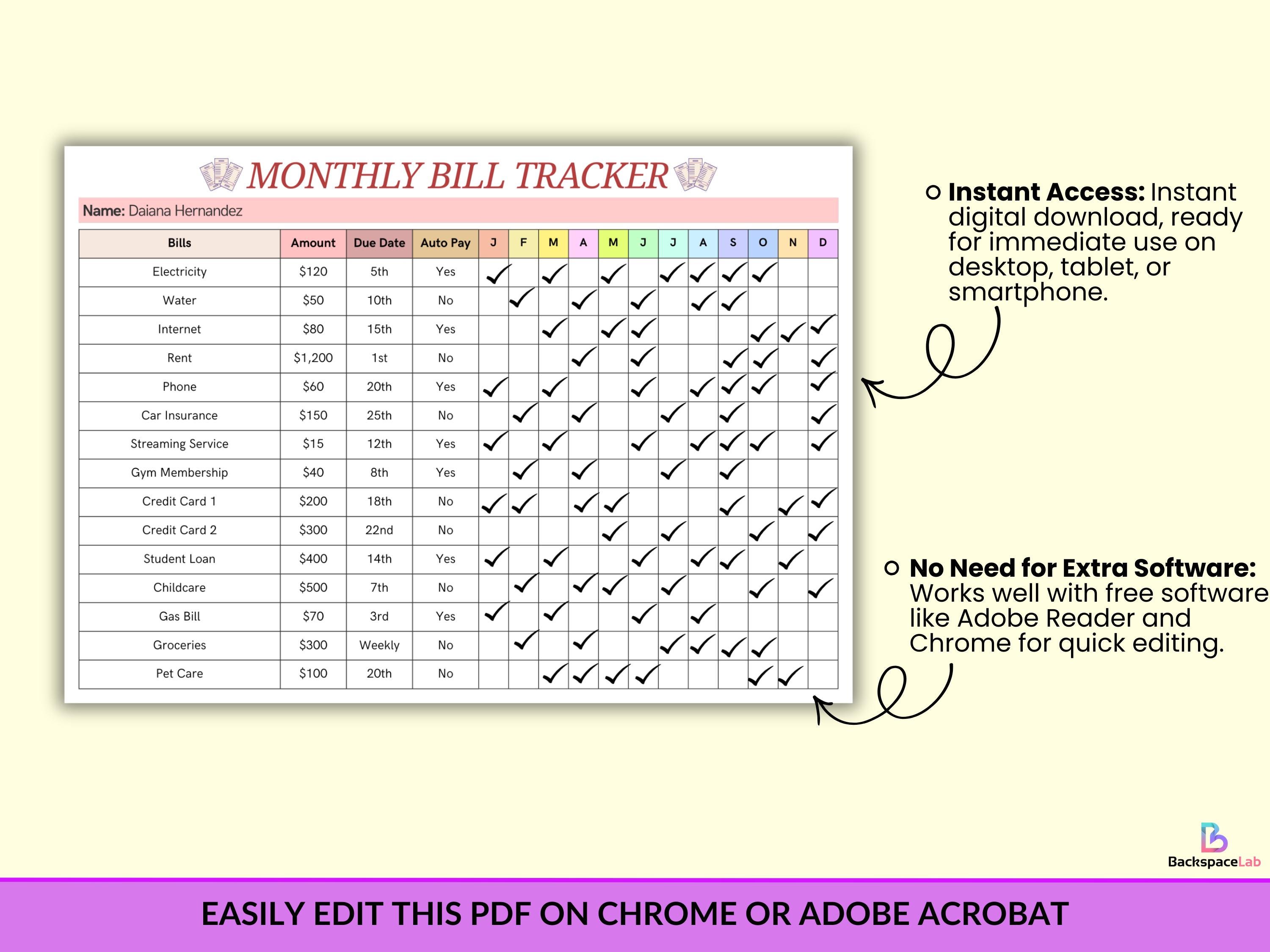 Editable & Fillable Monthly Bill Tracker | A4, A5, US Letter | Track ...