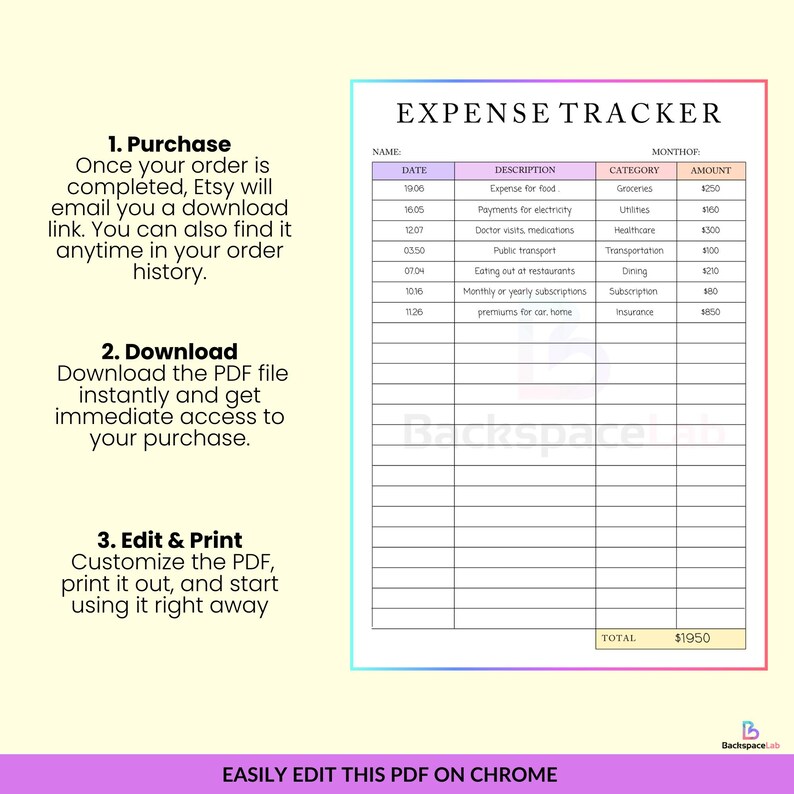 Editable Expense Log Printable, Fillable PDF, Personal Finance Tracker ...