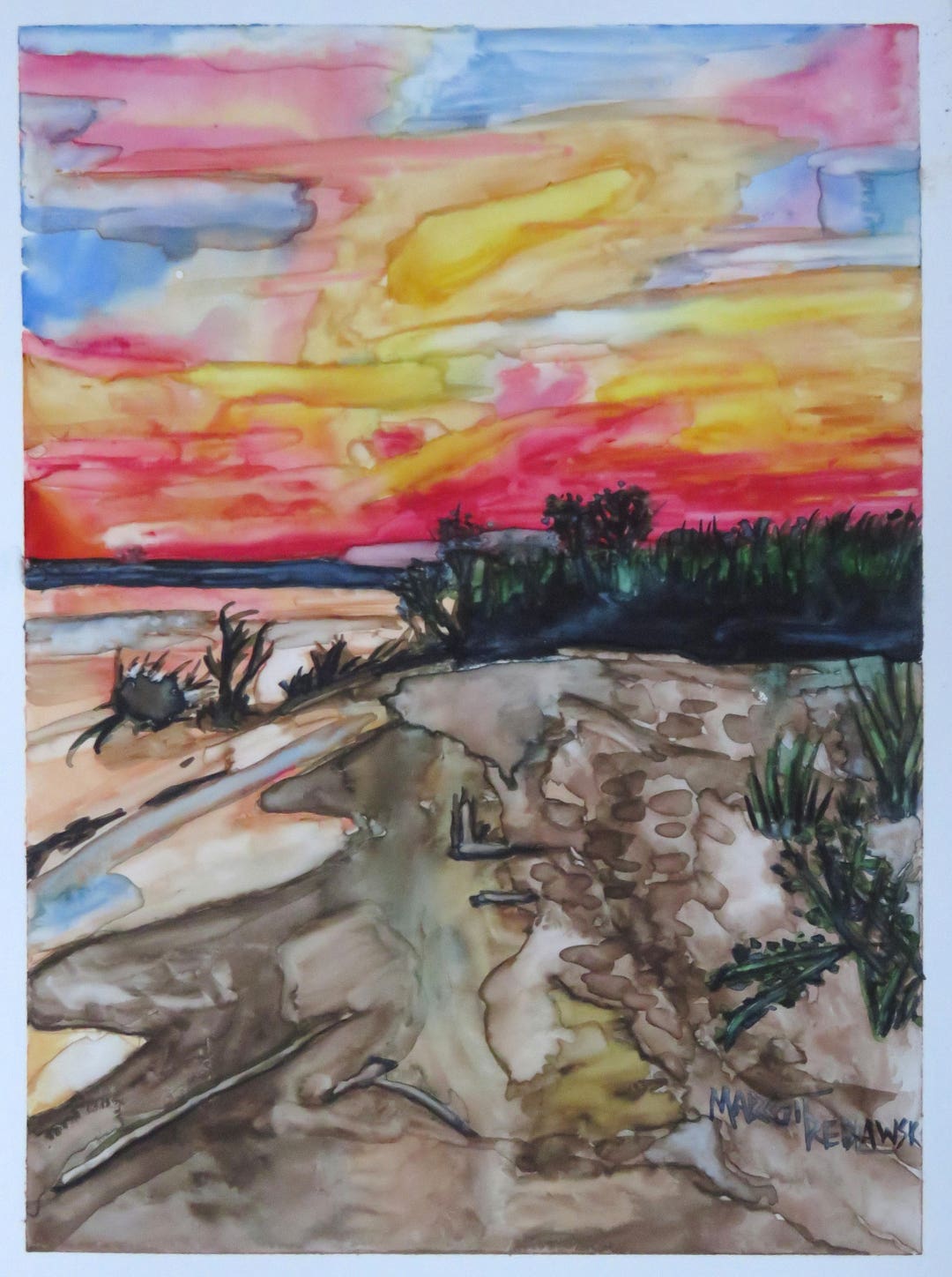 Original Watercolor Yupo Paper Michigan Sunset Landscape Beach Great ...