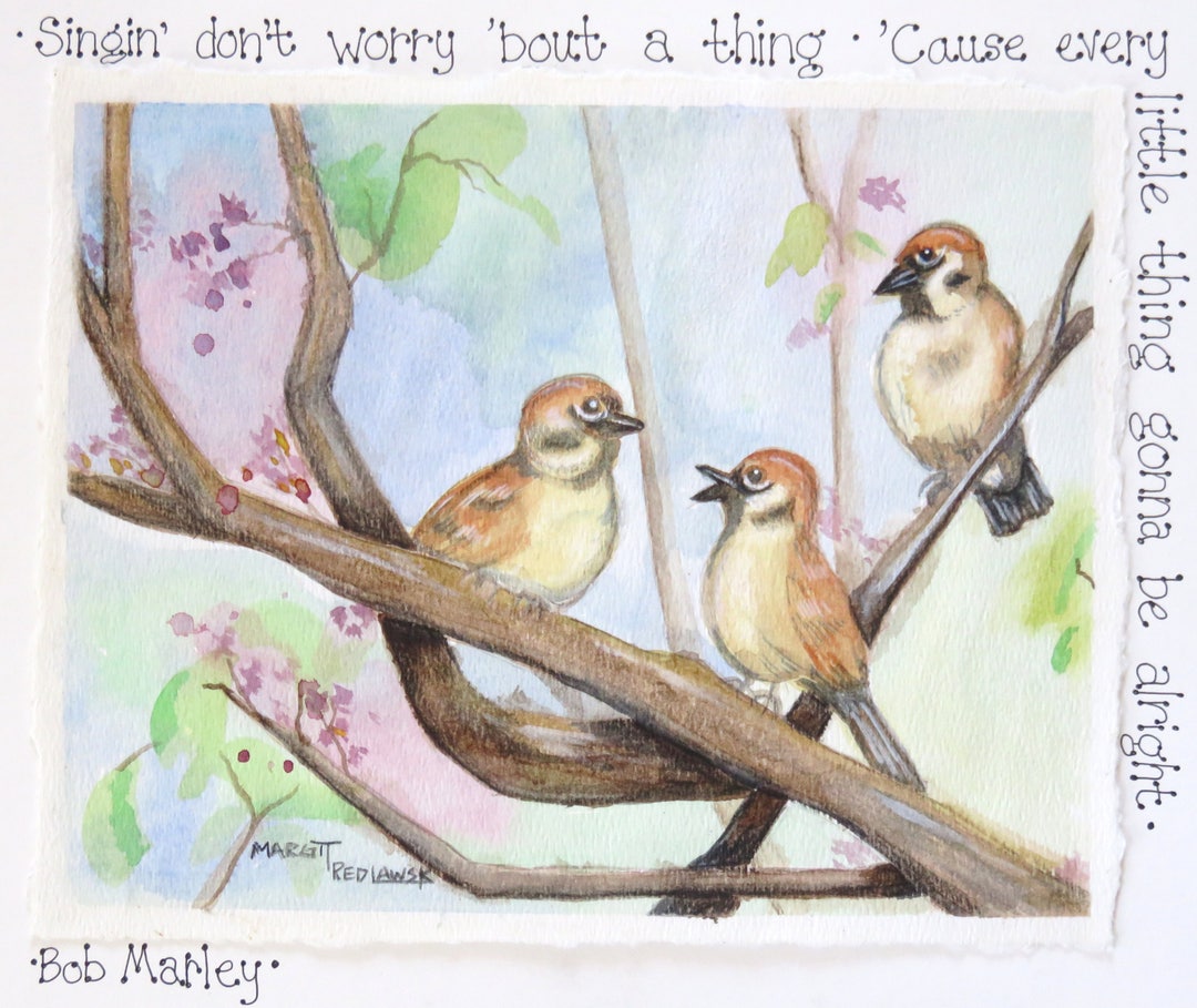 Original Watercolor Painting Birds Songbirds Cherry Blossom Tree Three ...
