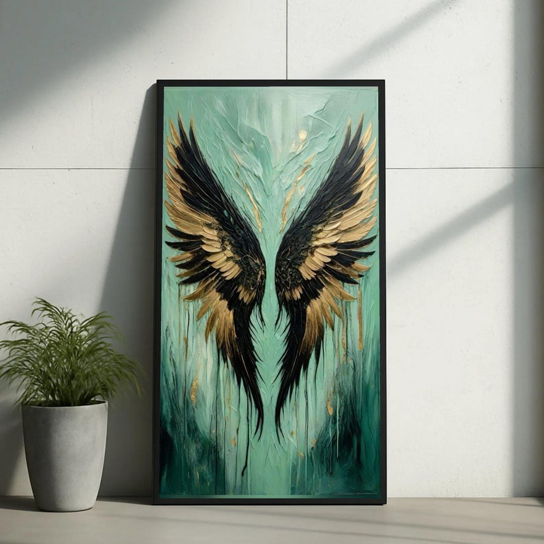 Golden Black Angel Wings Canvas, Abstract Feather Wall Art, Mystical ...
