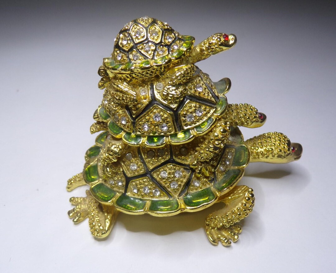 Vintage, 1990's, 3 Stacked Turtle, Jeweled, Trinket, Double Box With ...