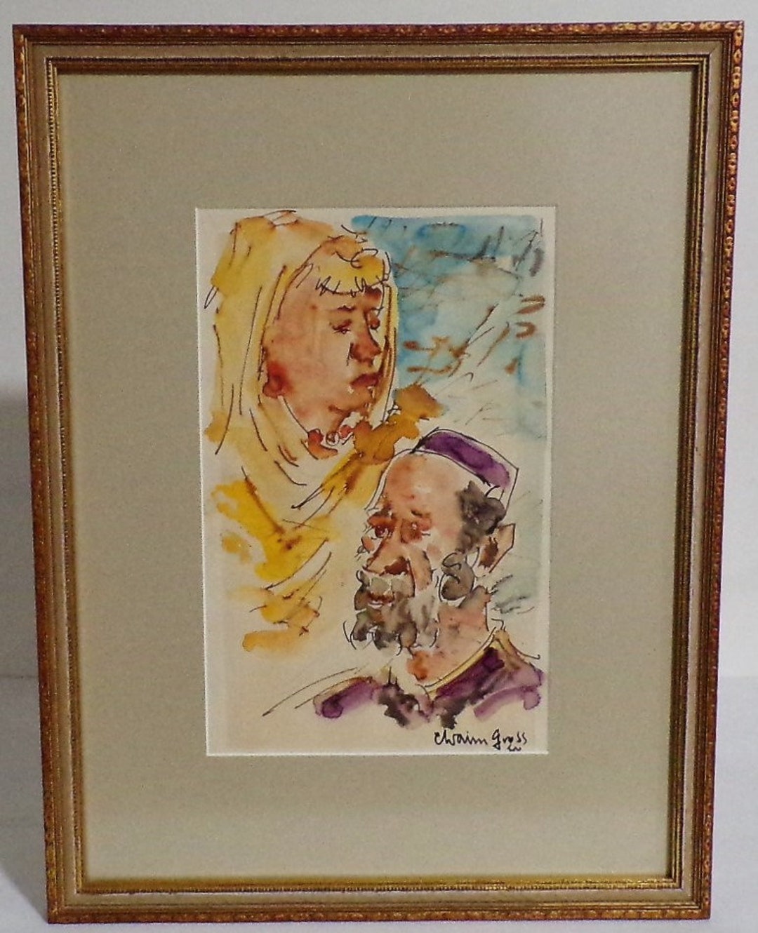 Art by Chaim Gross. Signed Watercolor Painting on Paper. Framed. 11 X 7 ...