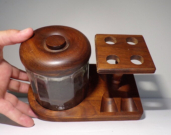 Vintage Tobacco Jar and Pipe Stand for 4 Pipes. Wood and Glass ...