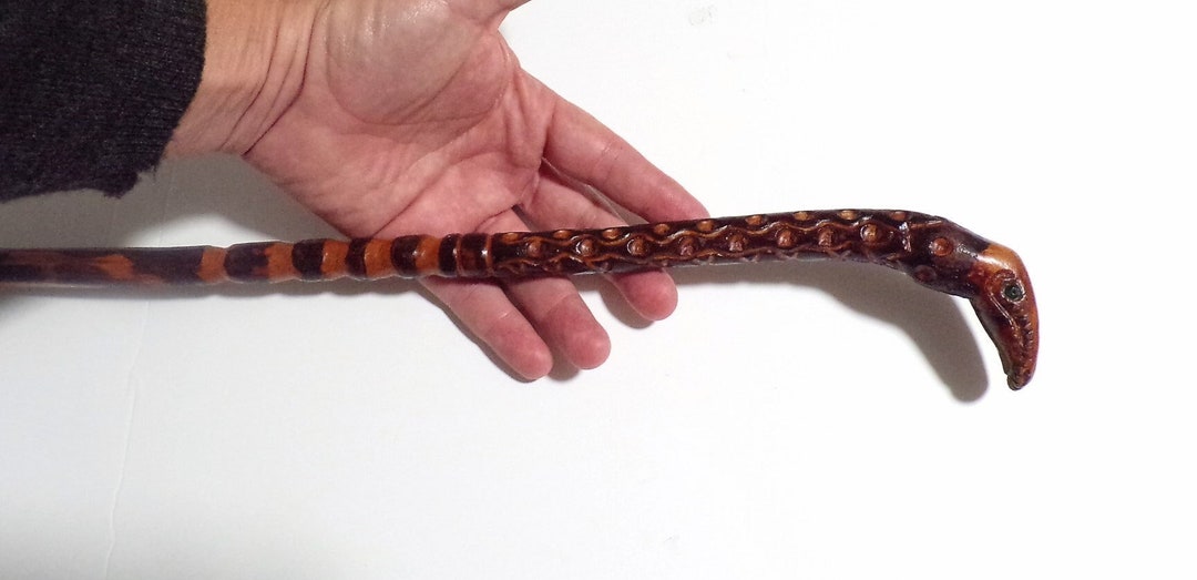 Vintage Hand Carved Wood Cane Walking Stick. Snake Head Design - Etsy