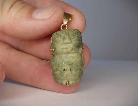 14k Gold & Carved Jade, Ancient Aztec God of Fire, Pe… - Gem