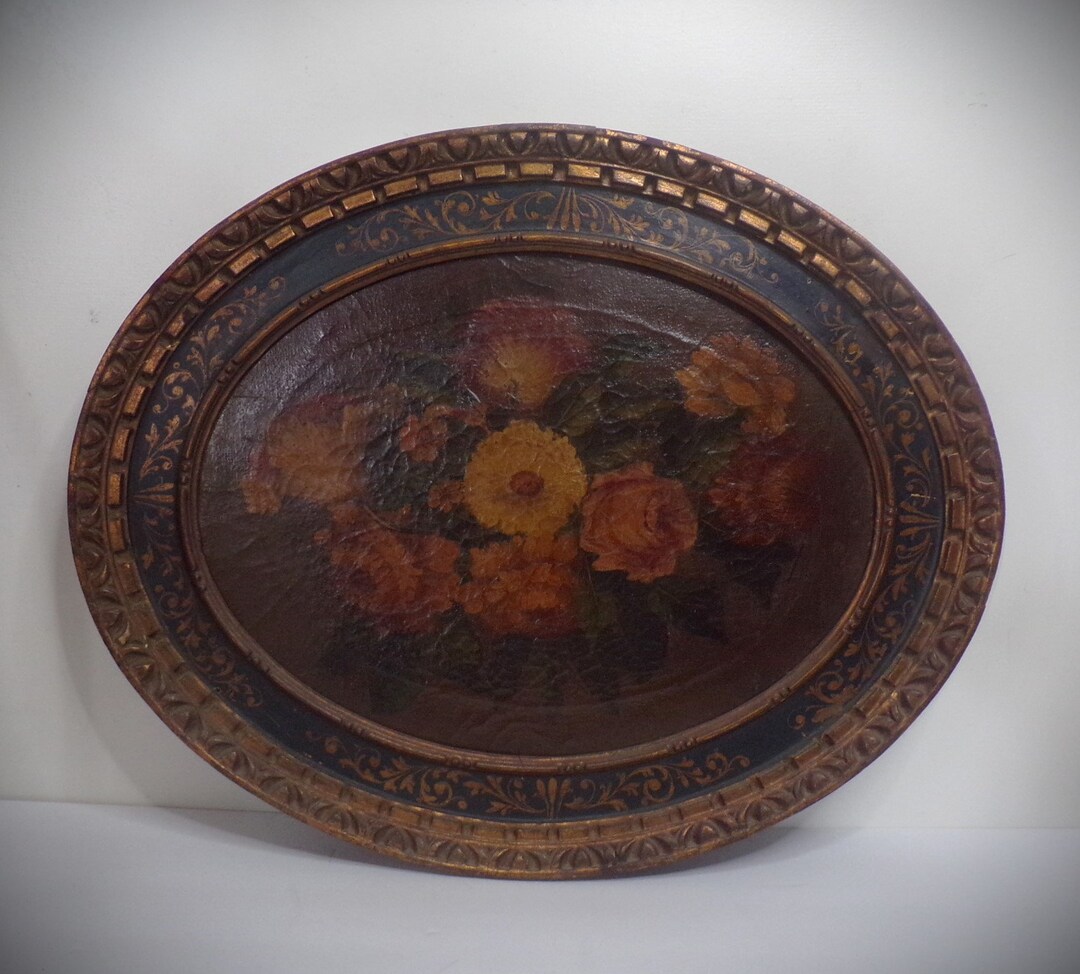 Antique Canvas Oil Painting. Oval Floral, Framed. Deeply Aged. - Etsy