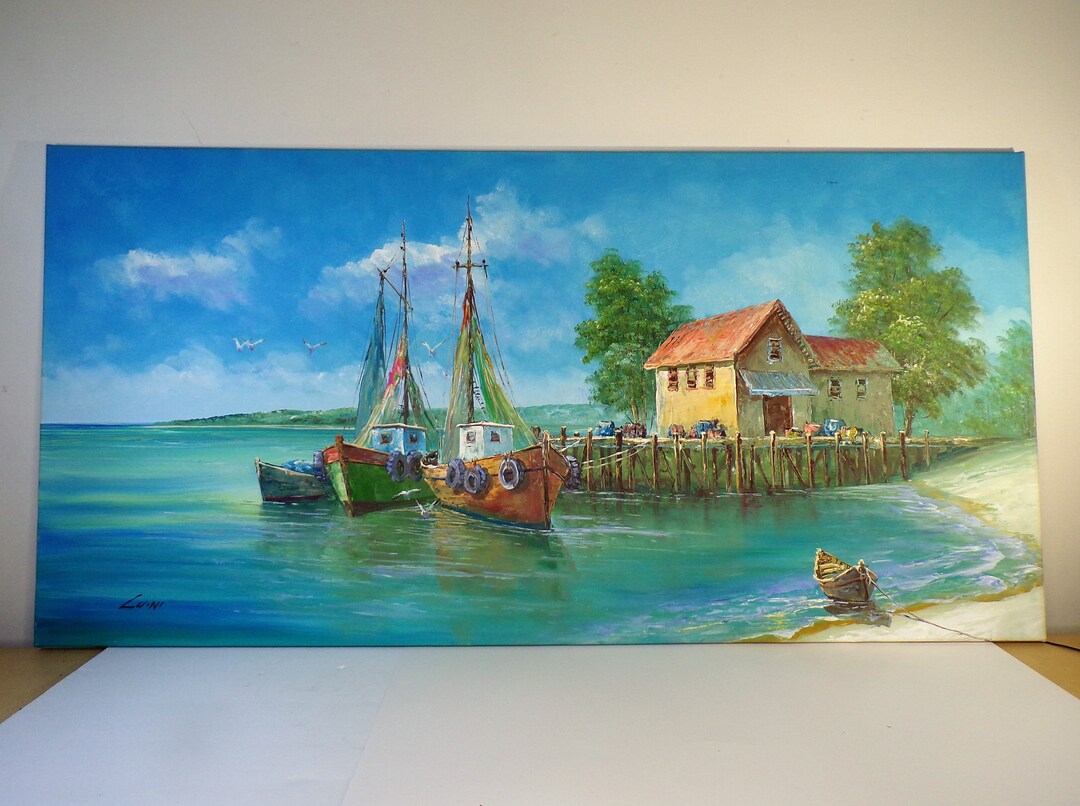 Original Oil Painting. Nautical Harbor Design by John Luini. Unframed ...