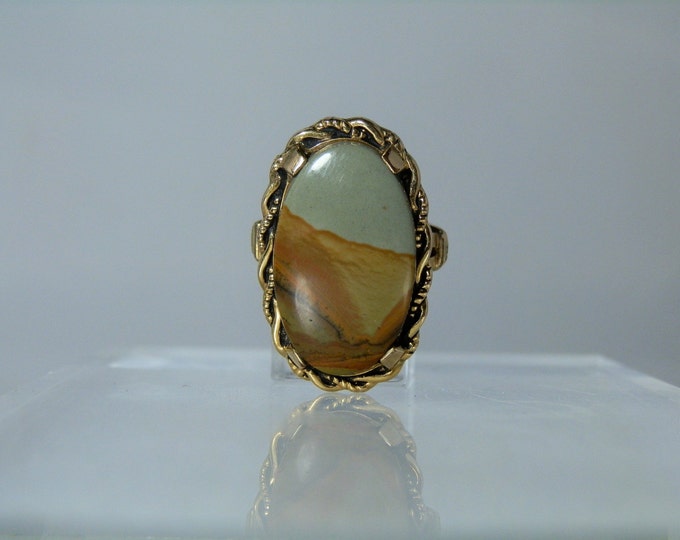 Vintage 10k Gold Filled Picture Jasper Ring Size 7 Prong Set 23 X 14 Mm ...