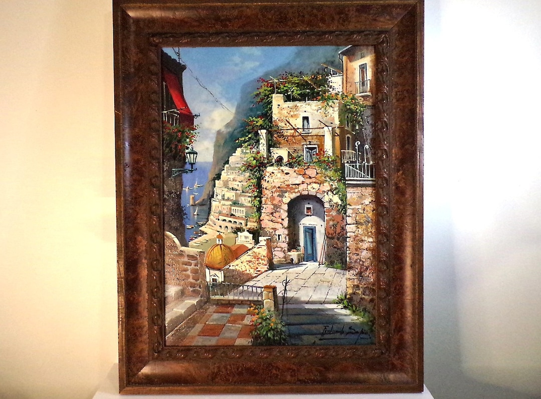 Ferdinando Sapio Painting: Positano Italy, Framed Impasto Art (50x70cm ...