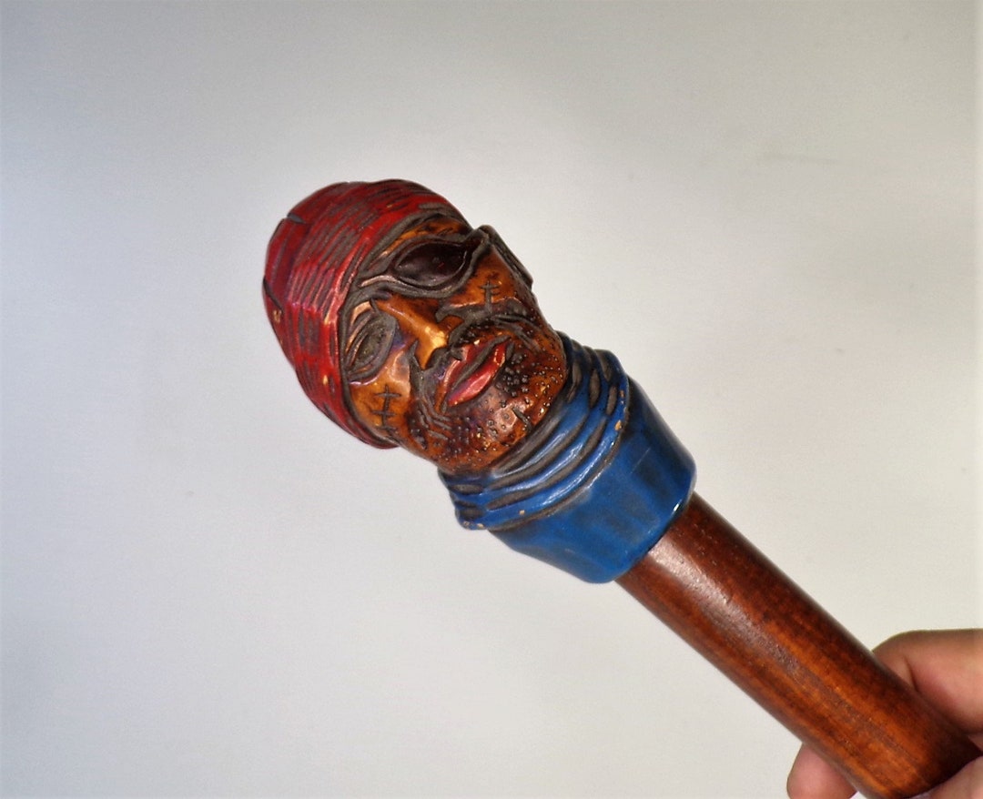 Pirate Walking Stick, Cane, Hand Carved, Signed and Dated, Polychrome ...