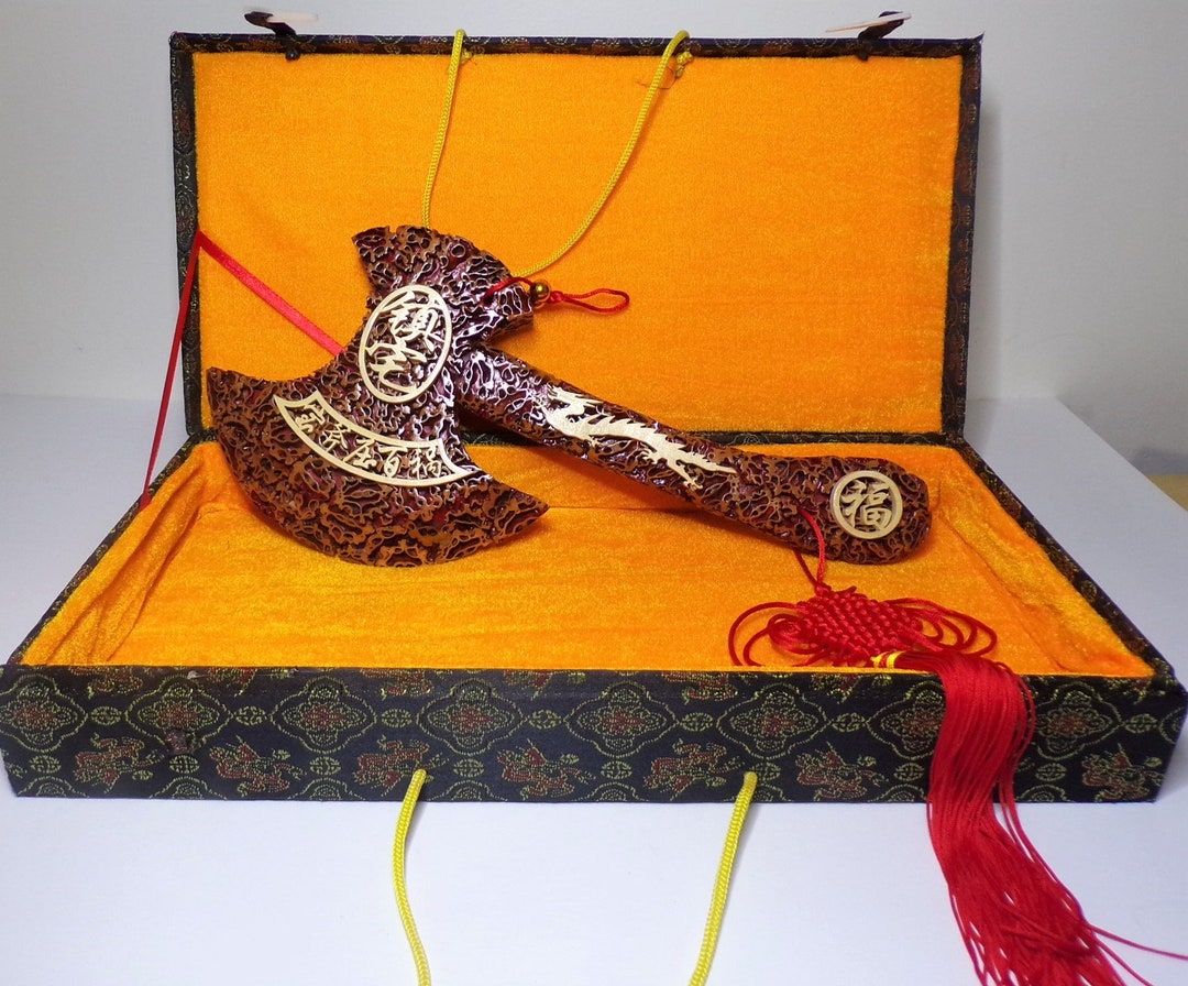 Chinese Dragon Axe / Hatchet Lacquerware Sculpture Carving With Tassle ...