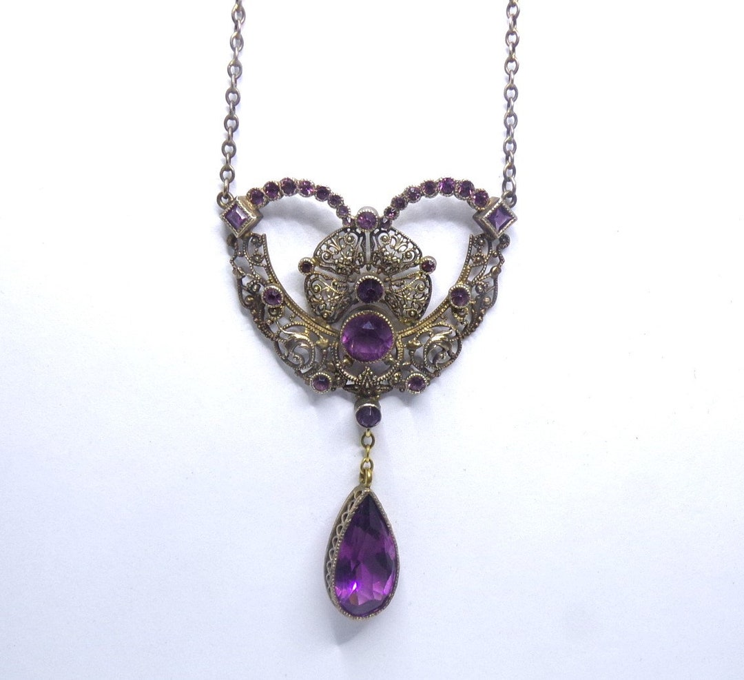 Filigree Sterling Silver & Amethyst Glass Crystal Festoon Necklace With ...