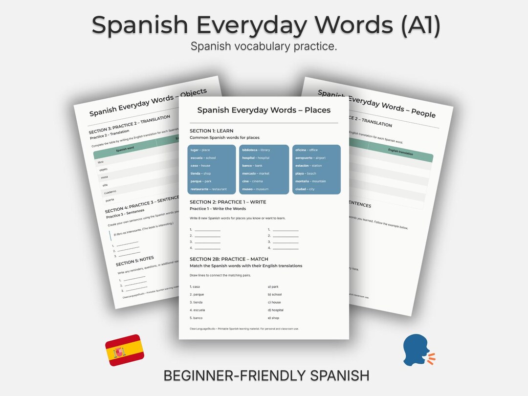 Spanish Everyday Words A1 Printable | People, Places & Objects ...