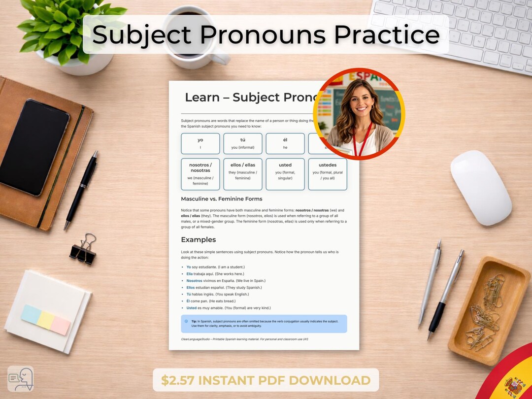 Spanish A1 Subject Pronouns Practice Printable PDF | Beginner Grammar ...