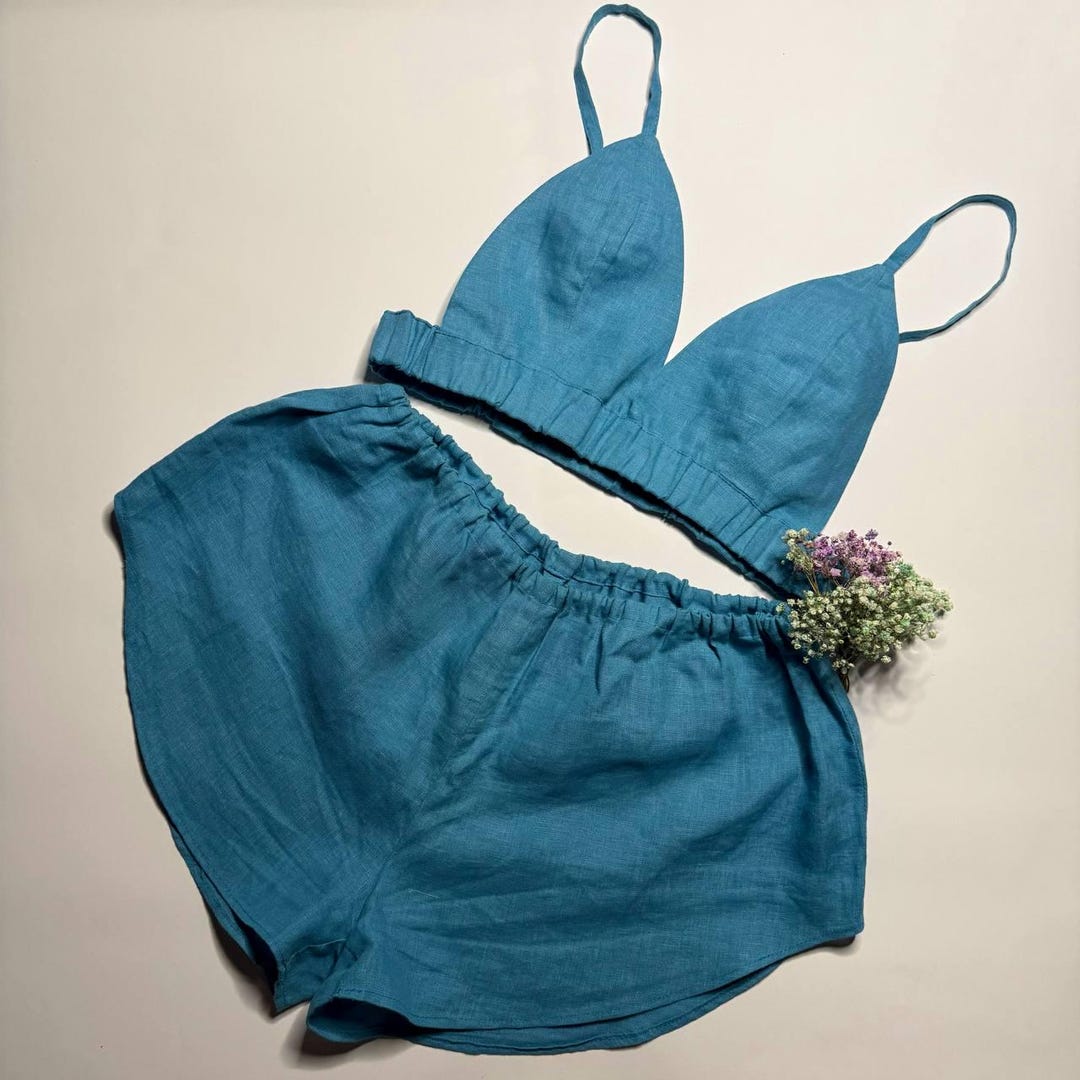 Linen Pajama Set for Women, 2 Piece Set, Bralette and Shorts, Organic ...