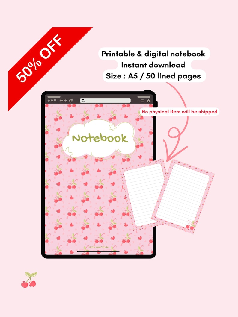 Cherry Digital Notebook, Printable Journal, Coquette Cherry Stationery ...