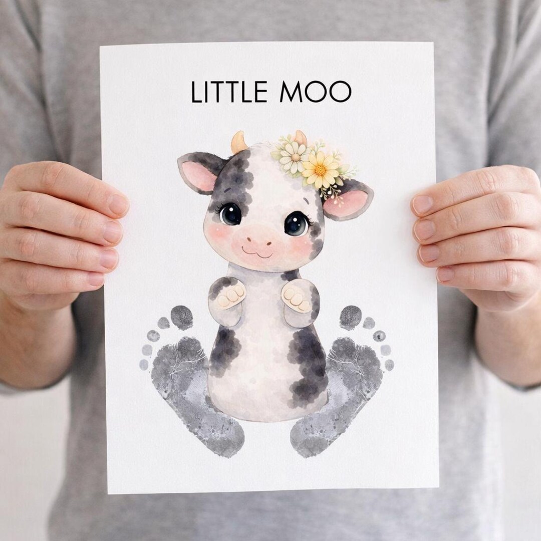Baby Cow Footprint Art, Watercolor Nursery Quote Printable, Little Moo ...
