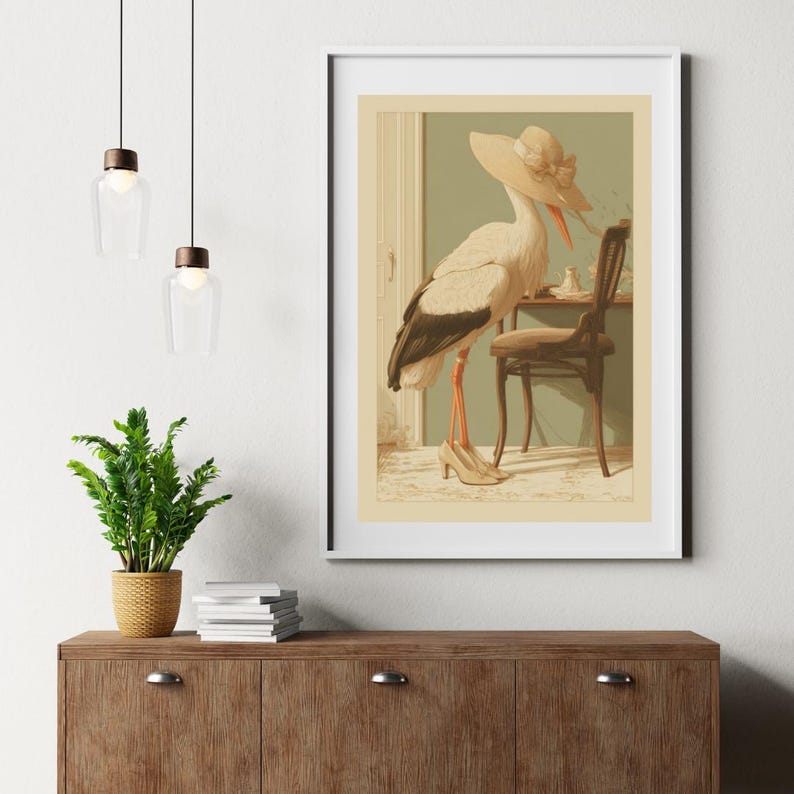 Whimsical Stork Tea Scene | Vintage Digital Wall Art | 8x10, A4, 11x14 ...