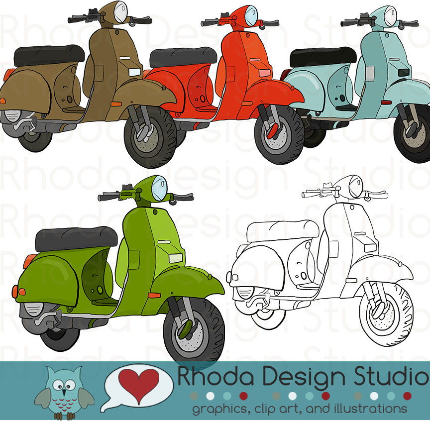 Red, Mint, Green, and Blue Moped Motorbike Scooter Stamp Digital Clip ...