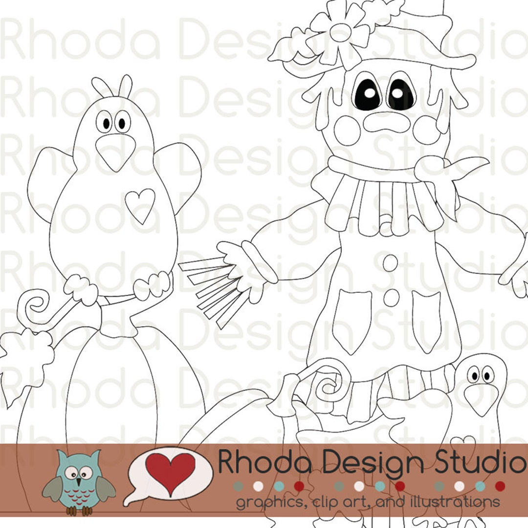 Scarecrow and Crows Digital Clip Art Coloring Stamps - Etsy