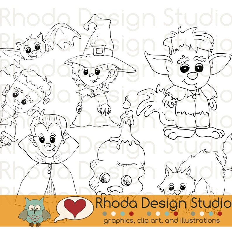 Fright Night Kids Digital Clip Art Coloring Stamps Halloween - Etsy