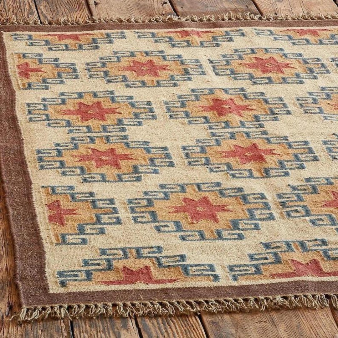 Geometric Wool Jute Traditional Rug - Handmade Vintage Rug, Navajo ...