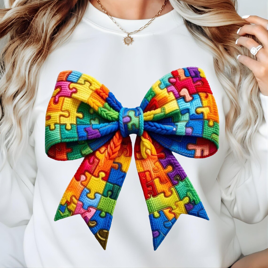 Chunky Knit Autism Bow PNG Sublimation Design, Puzzle Piece Awareness ...