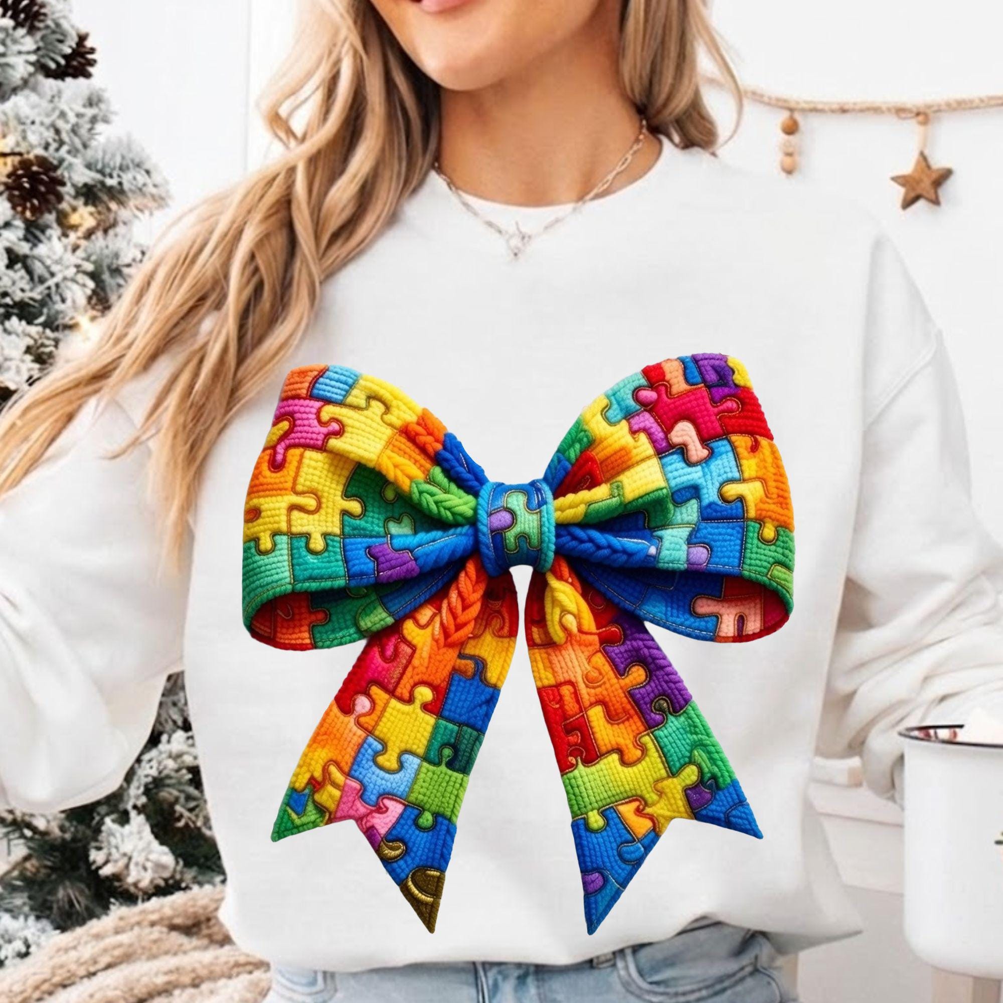Chunky Knit Autism Bow PNG Sublimation Design, Puzzle Piece Awareness ...