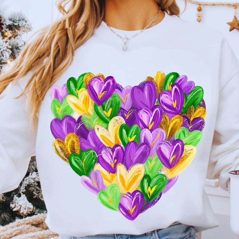 Mardi Gras Heart PNG Sublimation Design, Purple Green Gold Floral Heart ...