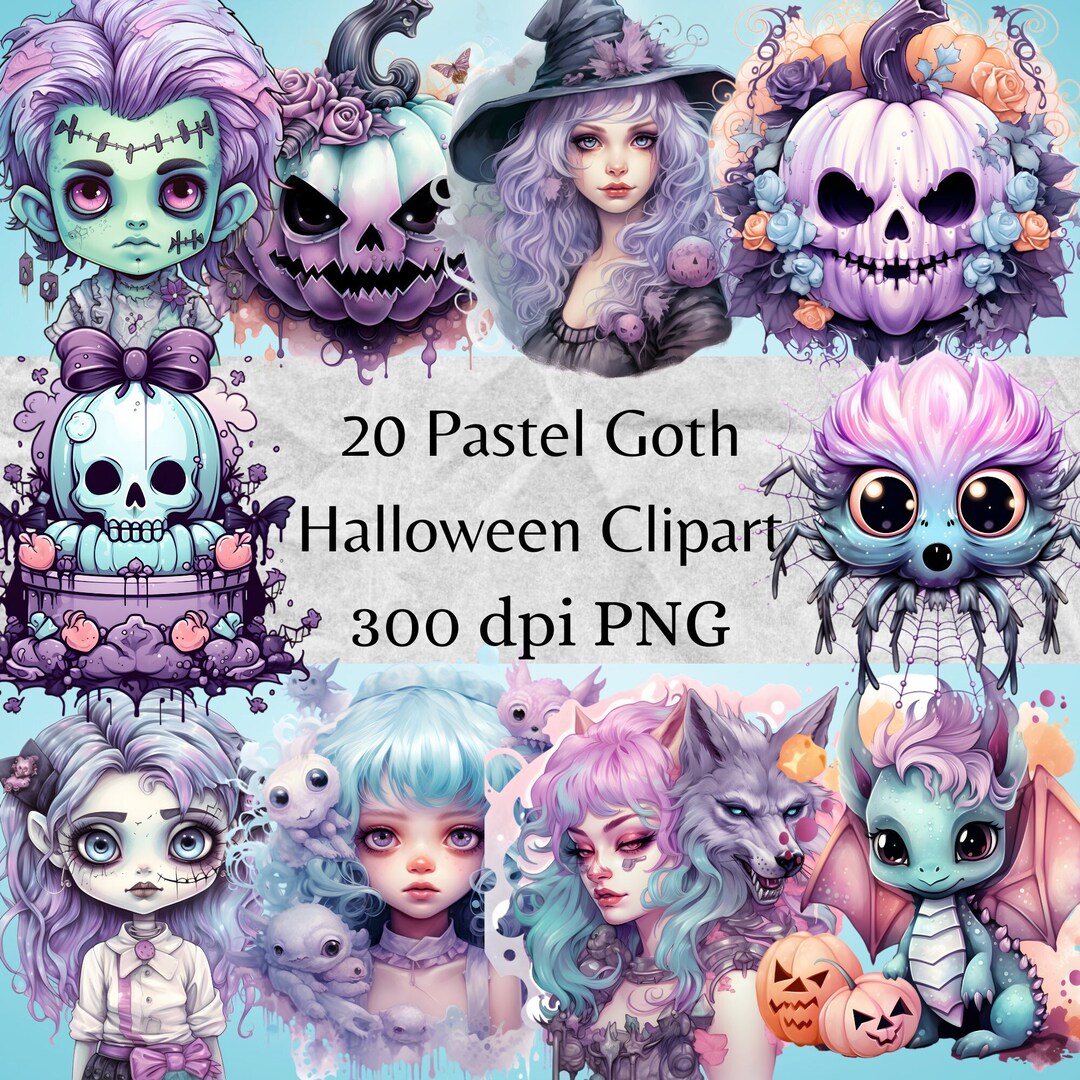 Halloween Pastel Goth Clipart Set of 20 Graphics Png Bundle Ghost Witch ...