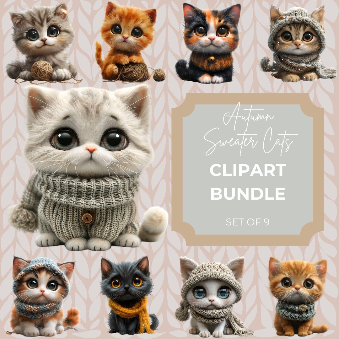 Autumn Cat Clipart Set – 9 Cute Fluffy Cats in Knitted Sweaters With ...
