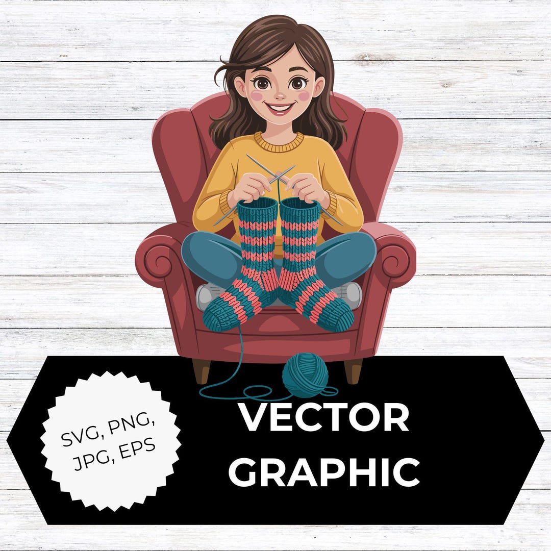 Cartoon Girl Knitting Clipart | Cozy Chair Knitting Socks SVG PNG Jpg ...