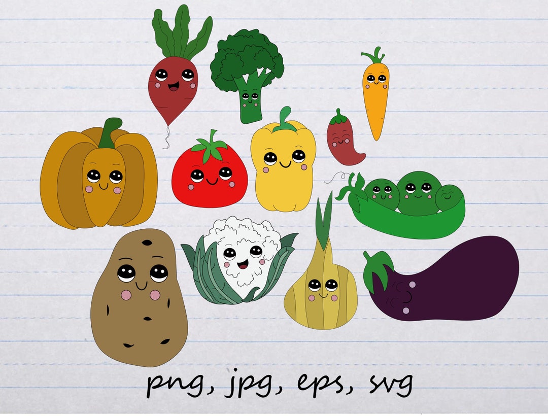 Set of 12 Cute Vegetables Color Clipart Vector Graphic Digital Stamp ...
