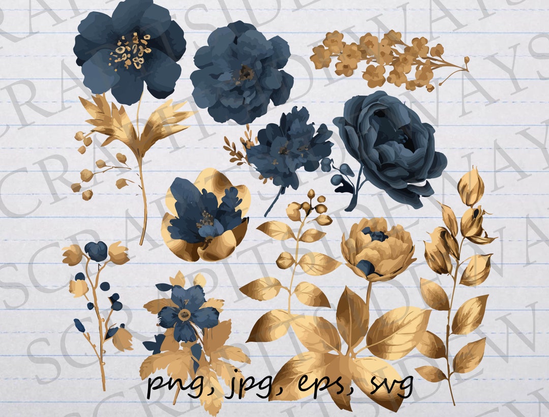 9 Piece Navy Blue and Gold Flowers Clipart Set Svg Vector Clipart Png ...