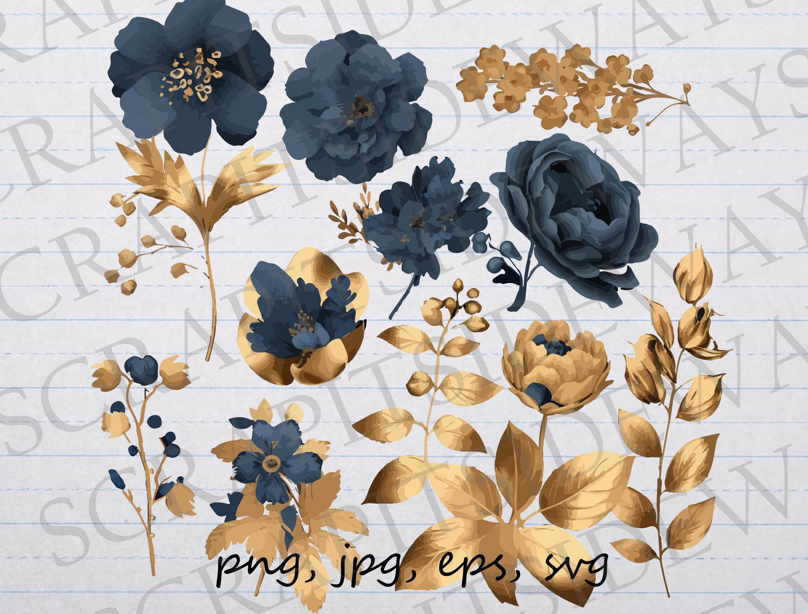 9 Piece Navy Blue and Gold Flowers Clipart Set Svg Vector - Etsy
