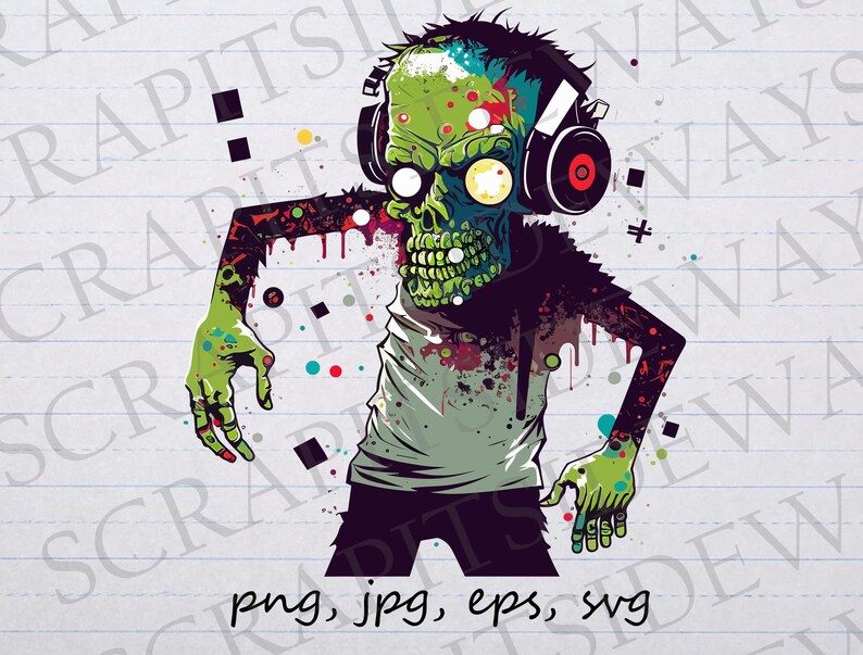 Zombie in Headphones Clipart Vector Graphic Svg Png Jpg Eps - Etsy