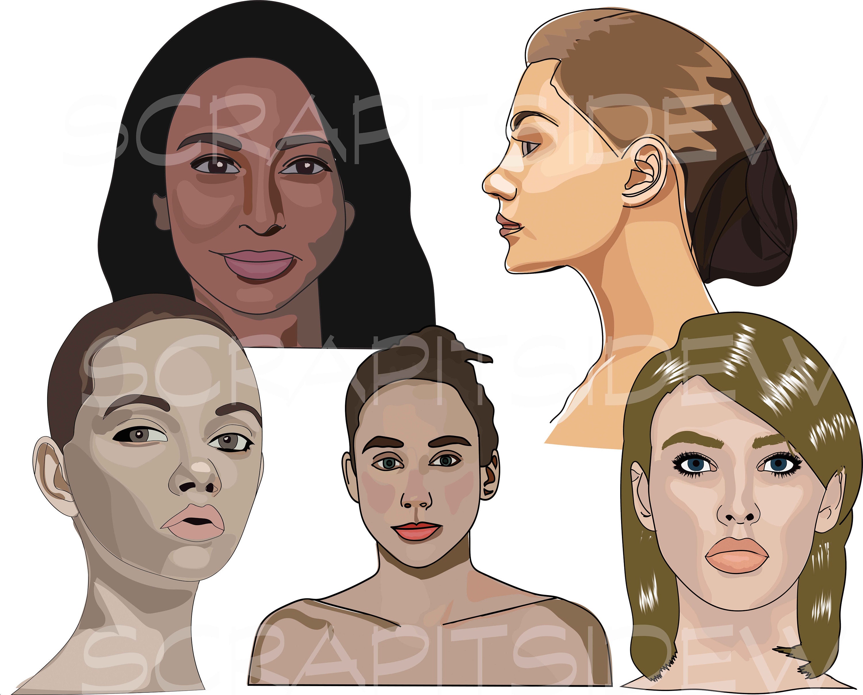 Set of 5 Beautiful Women Faces Clipart Vector Graphics Digital - Etsy