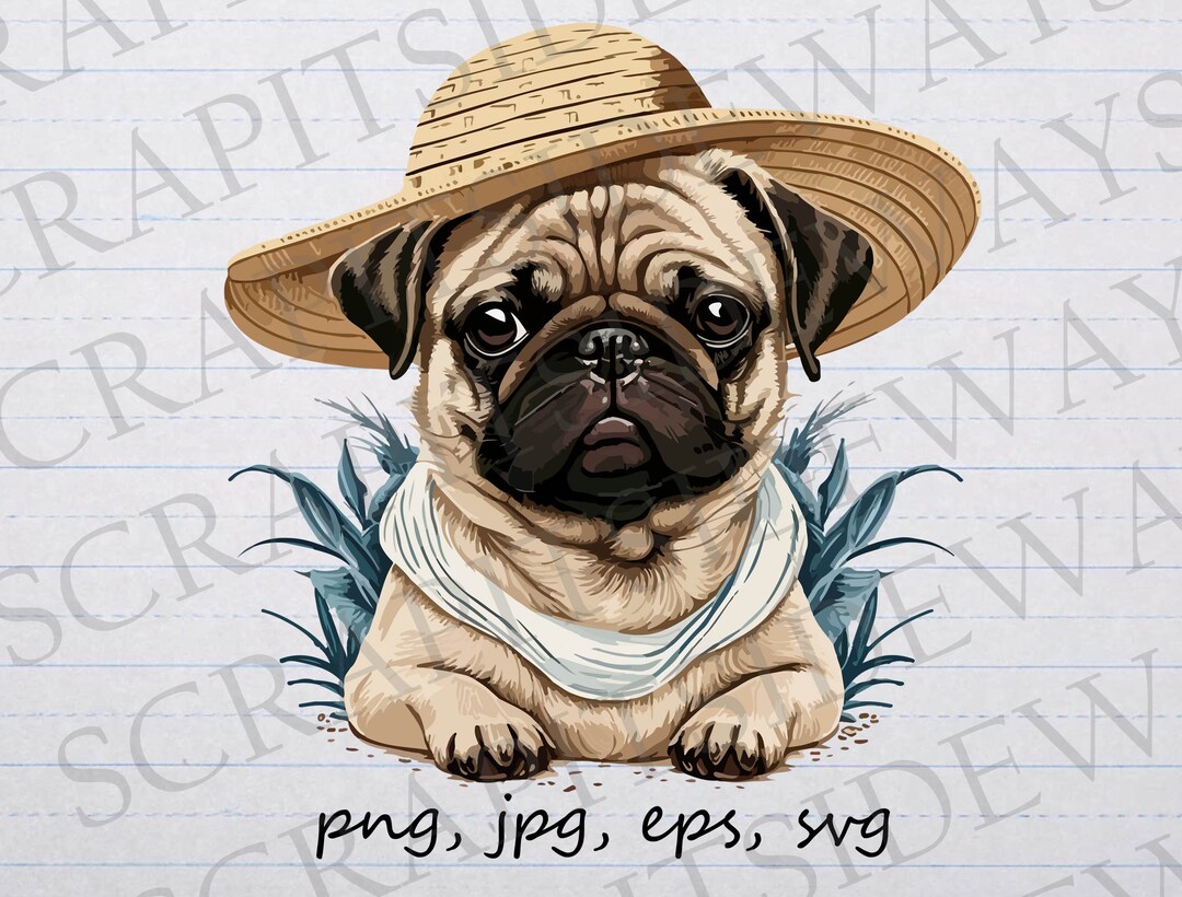 Pug in a Sun Hat Clipart Vector Graphic Svg Png Jpg Eps Cute Beach ...