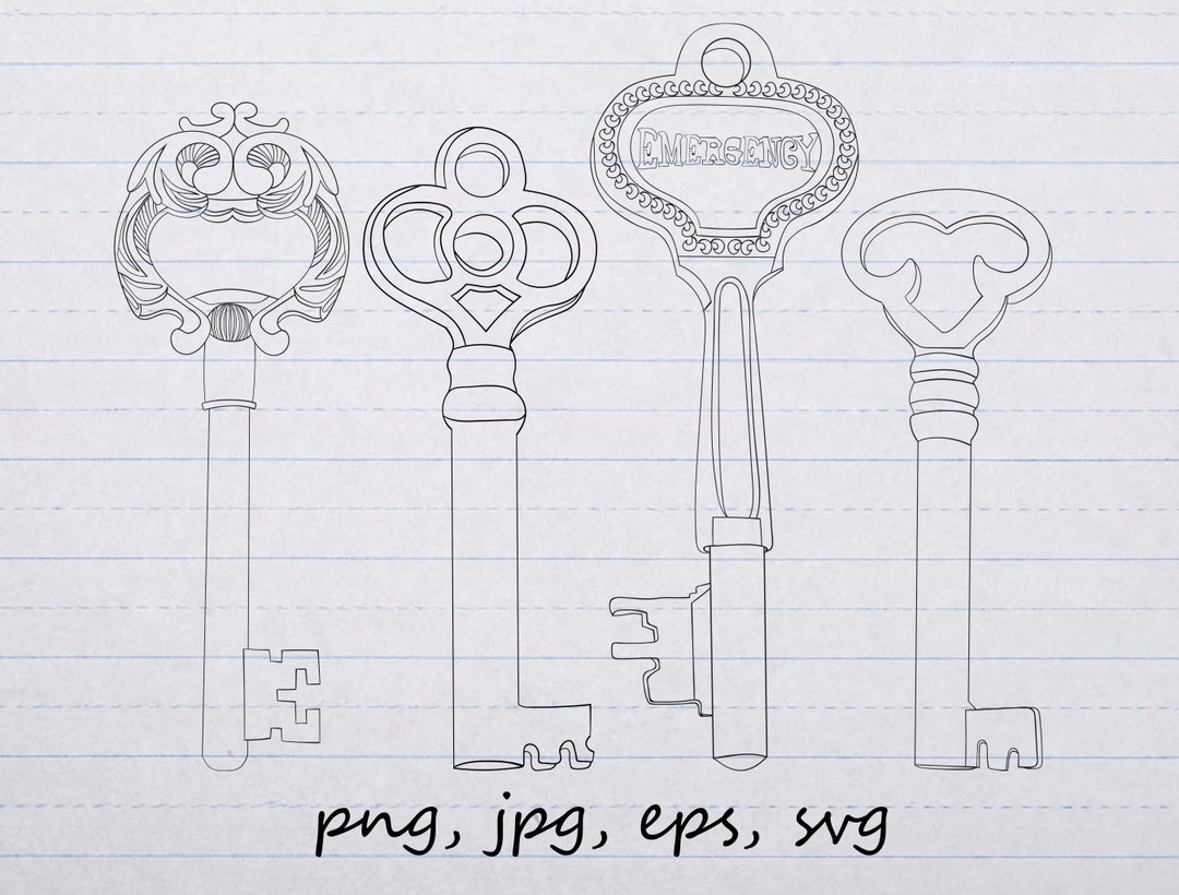 Set of 4 Skeleton Keys Outline Clipart Vector Graphic Digital Stamp Svg ...